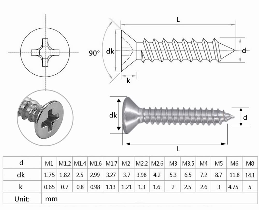 Guard4U 300Pcs M2 304 Stainless Steel Phillips Countersunk/Flat Head Self-Tapping Screws Assortment Kit- Wood Screws M2 x 4mm/ 6mm/ 8mm/ 10mm/ 12mm/ 14mm/ 16mm/ 18mm/ 20mm/ 25mm