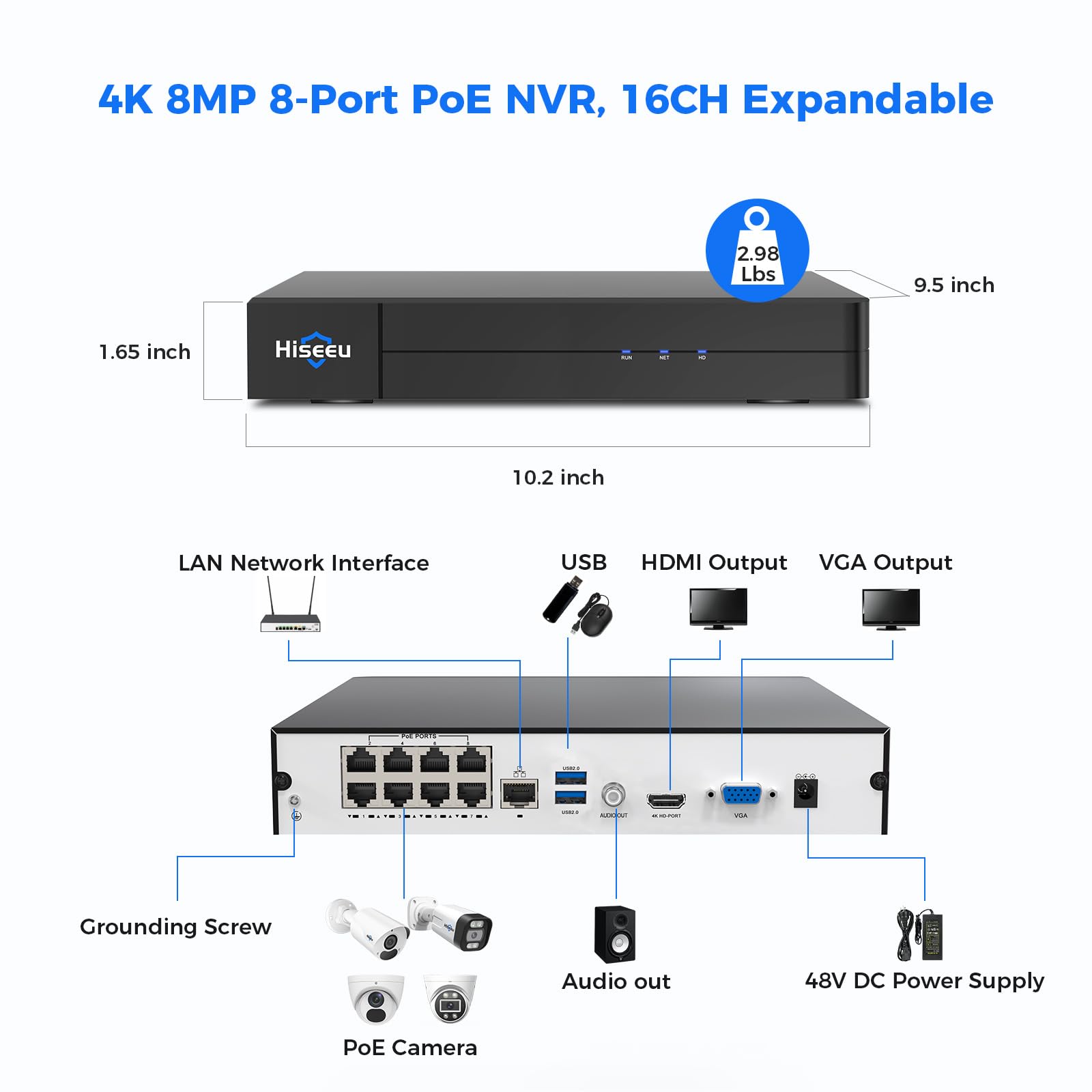 【16 channel Extendable】Hiseeu 8 Port 4K PoE Network Video Recorder NVR, Support 4K/2K/8MP/5MP/3MP/1080P PoE Camera, Free Remote Access, Motion Alarm, 24/7 Recording, Smart Playback, No Hard Disk Drive