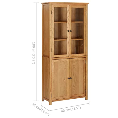 vidaXL Solid Wood Oak Bookcase with 4 Doors Shelf Cabinet Display Storage Unit Living Room Studio Office Freestanding Organizer 31.5" Glass