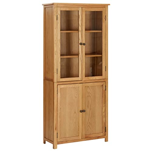 vidaXL Solid Wood Oak Bookcase with 4 Doors Shelf Cabinet Display Storage Unit Living Room Studio Office Freestanding Organizer 31.5" Glass