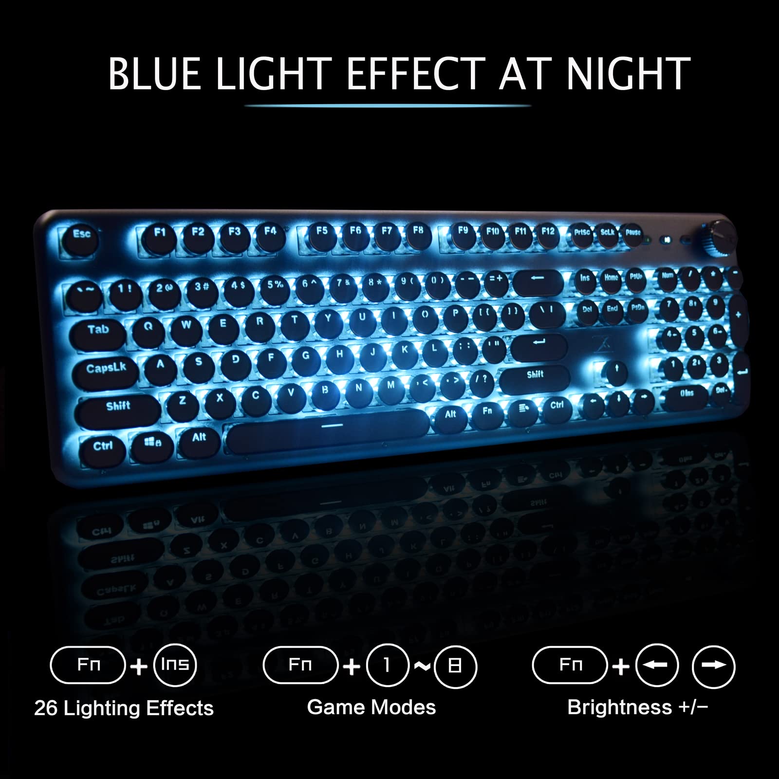 Alkem Mechanical Gaming Keyboard with 30 LED Backlits White Retro Typewriter Keyboard Full-Size 104 Keys USB Wired Retro Steampunk Keyboard Blue Switch Ergonomic Keyboard Metal Panel (Silver)
