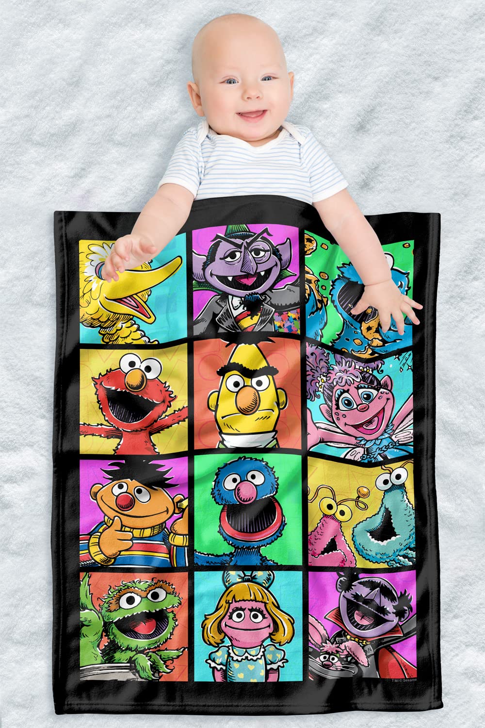 LOGOVISION Sesame Street Lightweight Baby Blanket, 30"X40", Hand Drawn Squares Unisex for Infants Girls & Boys