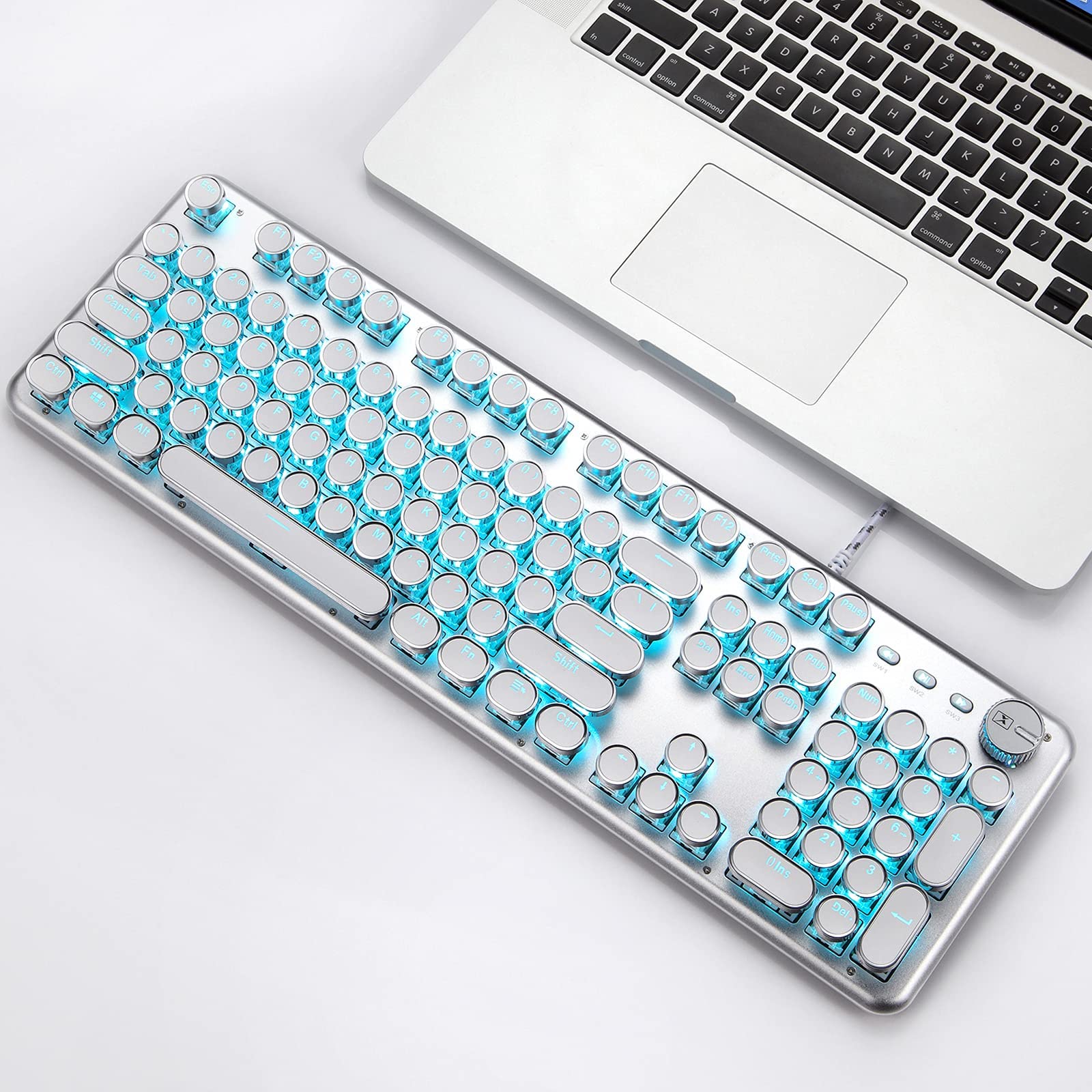 Alkem Mechanical Gaming Keyboard with 30 LED Backlits White Retro Typewriter Keyboard Full-Size 104 Keys USB Wired Retro Steampunk Keyboard Blue Switch Ergonomic Keyboard Metal Panel (Silver)