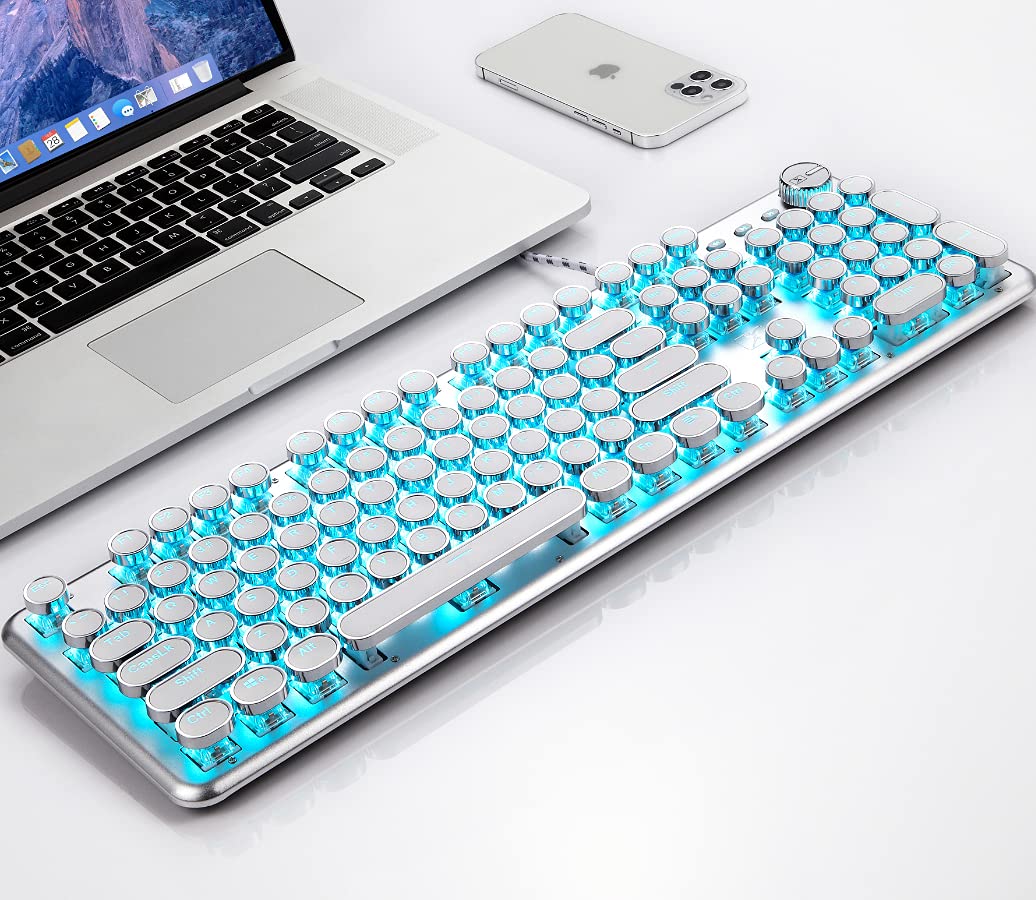Alkem Mechanical Gaming Keyboard with 30 LED Backlits White Retro Typewriter Keyboard Full-Size 104 Keys USB Wired Retro Steampunk Keyboard Blue Switch Ergonomic Keyboard Metal Panel (Silver)