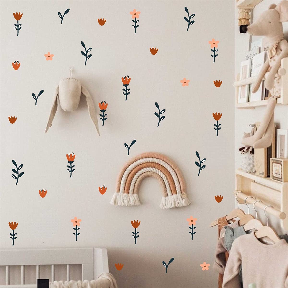 IKEYU Retro Boho Flower Wall Decals - Cute Green Leaf Wall Stickers for Nursery & Kids Bedroom, Retro Flower, IKEYU-31