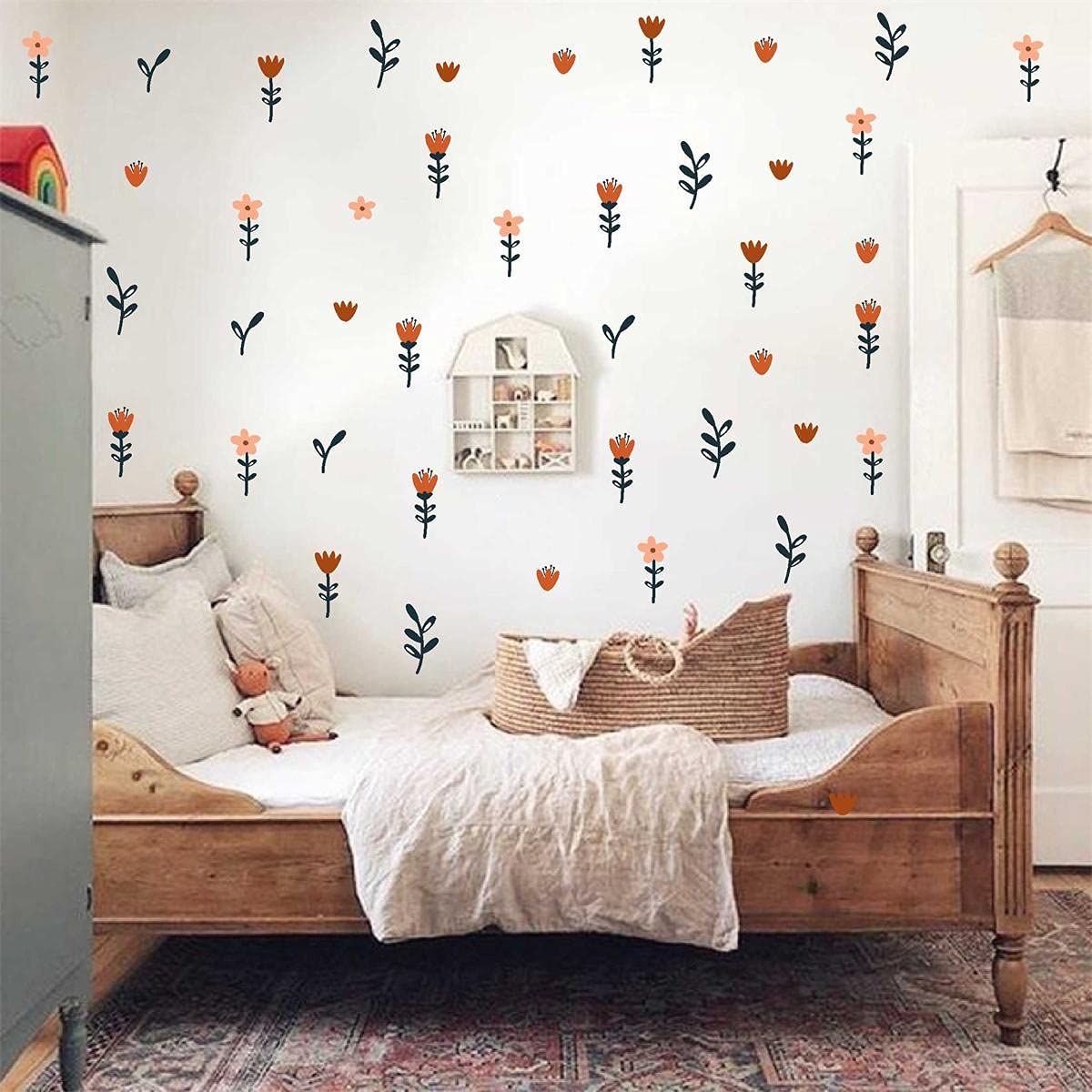 IKEYU Retro Boho Flower Wall Decals - Cute Green Leaf Wall Stickers for Nursery & Kids Bedroom, Retro Flower, IKEYU-31