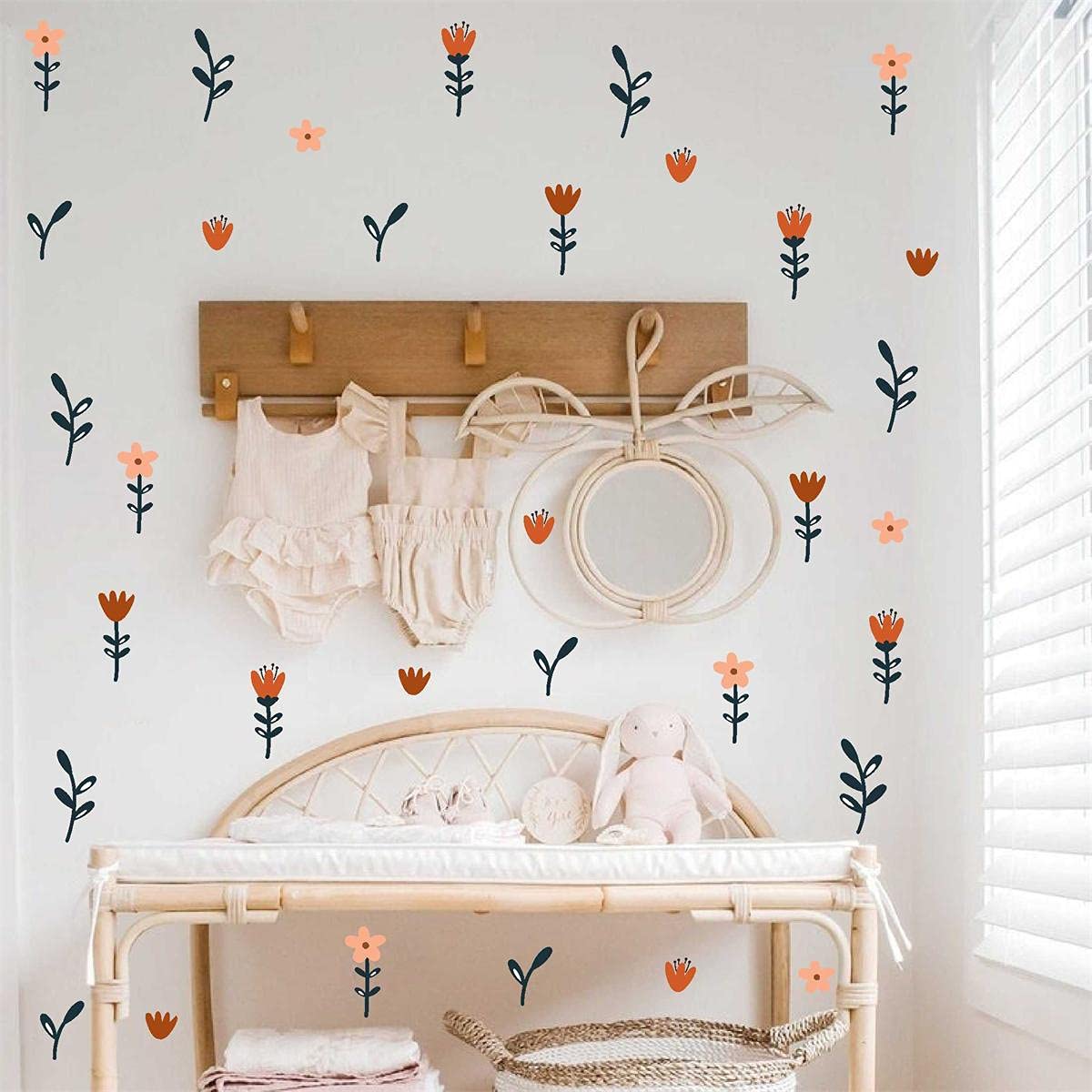 IKEYU Retro Boho Flower Wall Decals - Cute Green Leaf Wall Stickers for Nursery & Kids Bedroom, Retro Flower, IKEYU-31