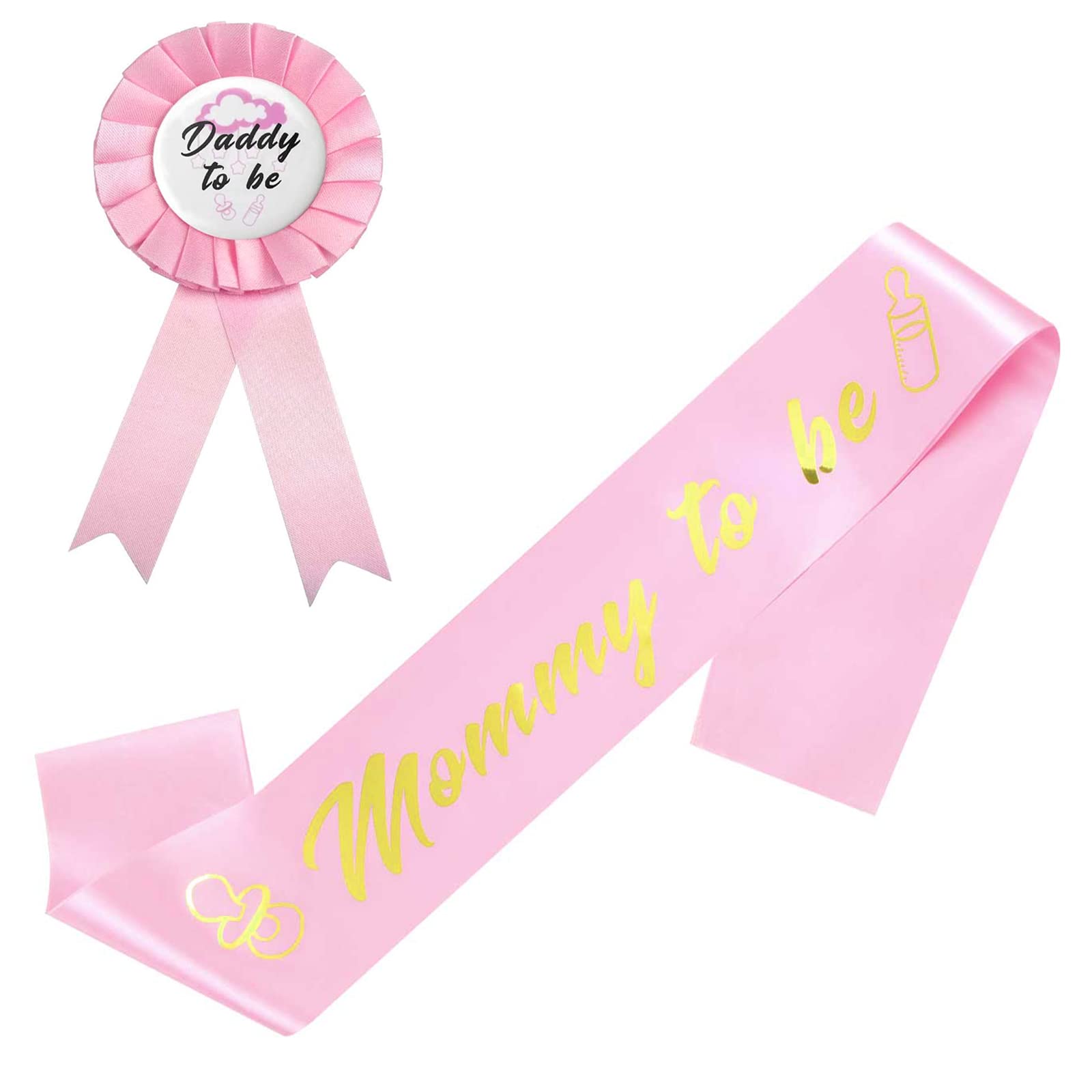 SGKUED 2 PCS Mommy to be Sash and Daddy to Be Tinplate Badge Pin Set, New Daddy Mom Gifts for Baby Shower Party Celebration, Pink Sash and Badge Pin