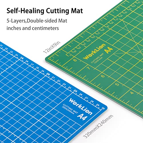 WORKLION Craft Knife and Mat Set: Precision Carving Utility Knive &10 Pcs Replacement Blades & Self-Healing Cutting Mat 12 x 9 & Multipurpose Scissors & Aluminium Ruler for Art Craft Projects