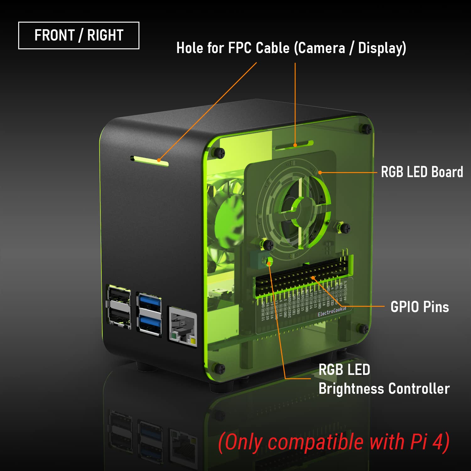ElectroCookie Raspberry Pi 4 Case, Aluminum Mini Tower Case with Cooling Fan and Color Changing Ambient Light (Black Neon)