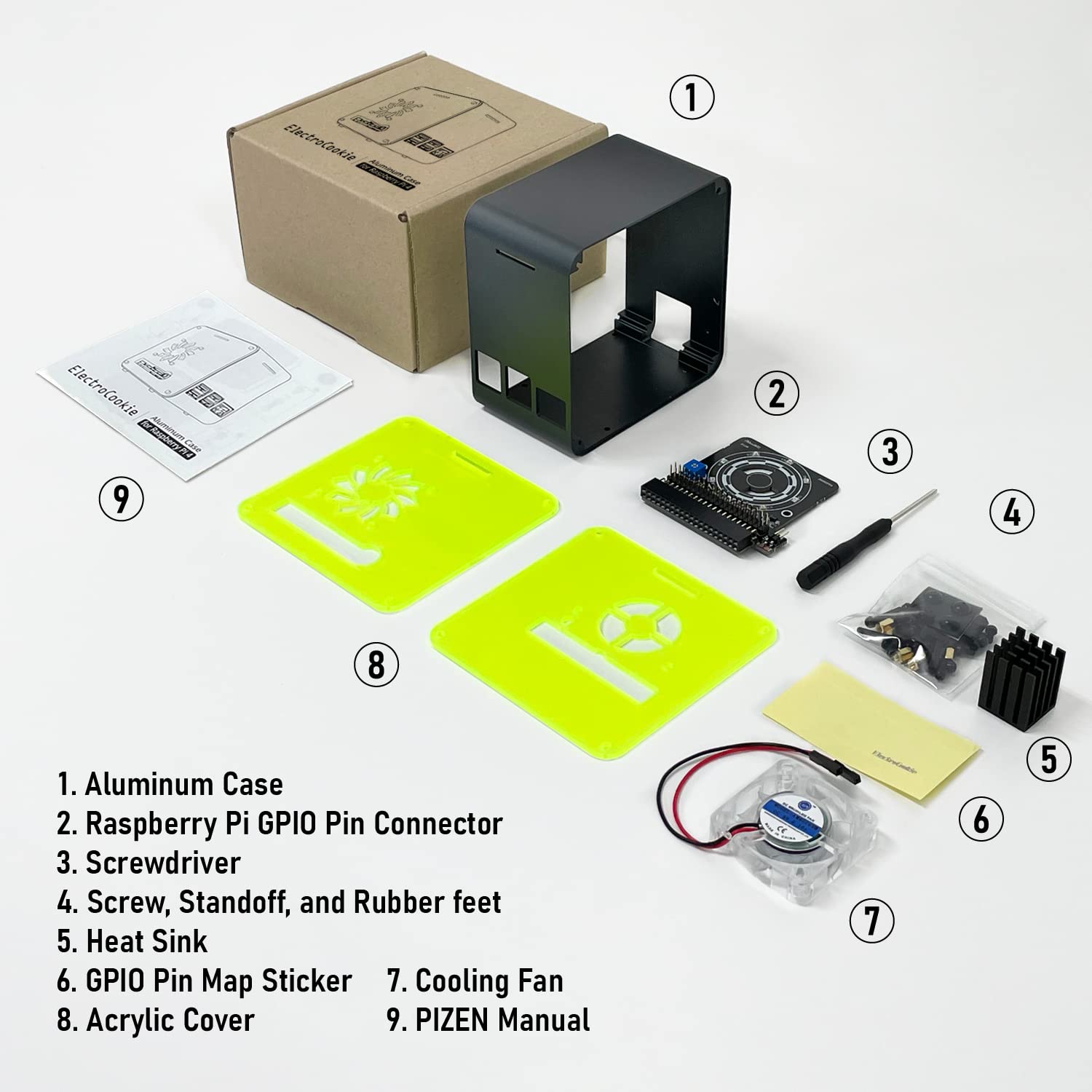 ElectroCookie Raspberry Pi 4 Case, Aluminum Mini Tower Case with Cooling Fan and Color Changing Ambient Light (Black Neon)