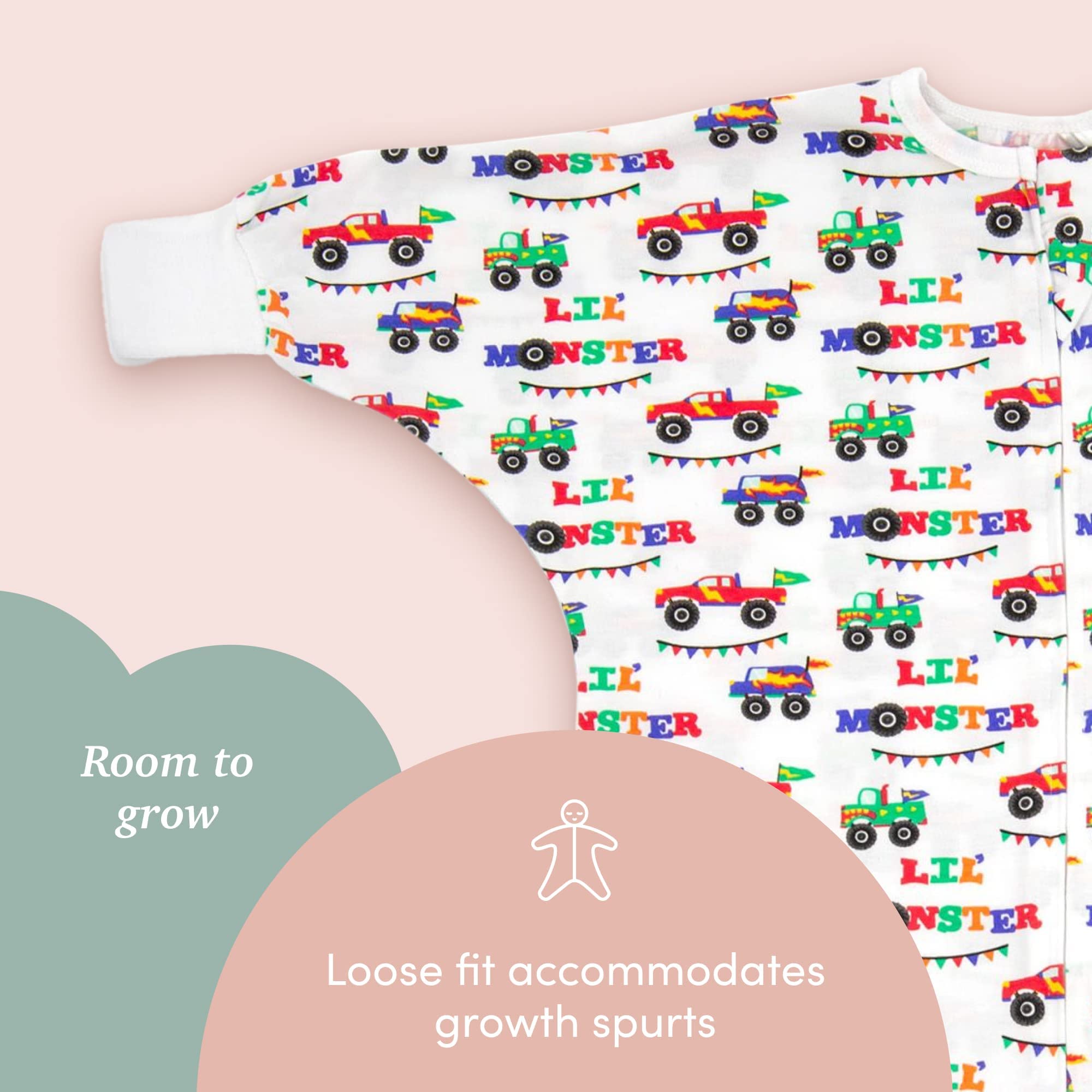 SleepingBaby - Flying Squirrel Wearable Blanket with No-Slip Cuffs for Toddlers - Comfortable Sleepwear - Monster Trucks - 2-3T