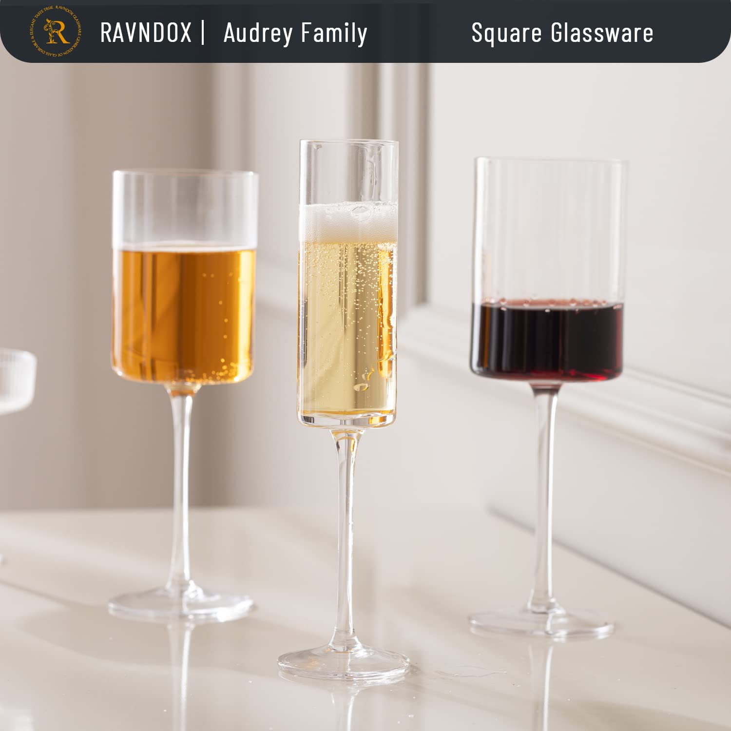 RAVNDOX Square Wine Glasses, Square White or Red Wine Glasses Set of 4, 11 Ounce Hand Blown Edge - Modern Flat Bottom - Unique for Wedding, Christmas, Birthday, Anniversary…