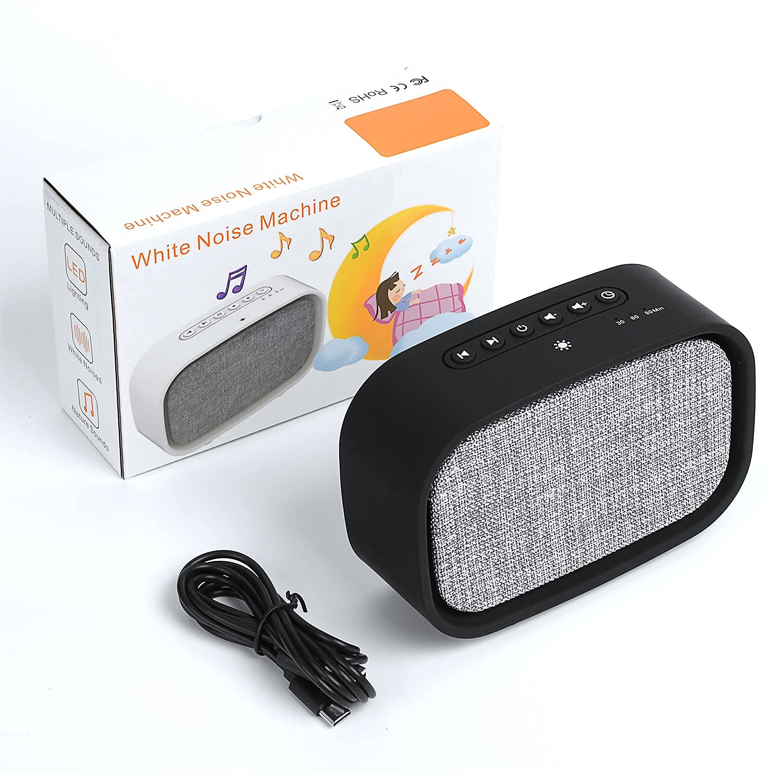 White Noise Sleeping Machine /Professional Alpha Brainwave Musics for Baby &Pregnant Woman&Adults, with Warm Color Night Light ,10 Professional Sounds & Auto-Off Timer. (White, Small), White,black