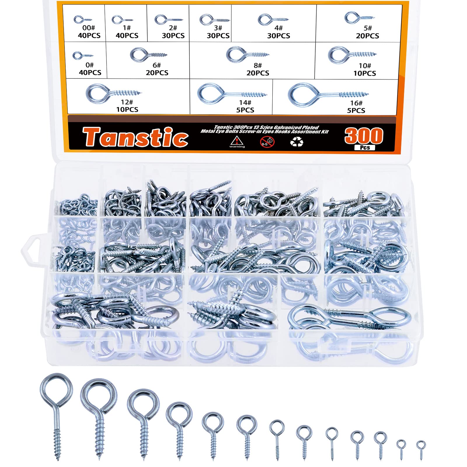 Tanstic 300Pcs 13 Sizes Zinc Plated Eye Bolts Screw Eyes Assortment Kit, Screw-in Eye Bolts Screw Eyes Hooks Screw in Hooks Ceiling Hanging Hooks for Home Workplace Office