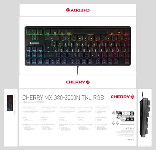 CHERRY G80-3000N RGB TKL, French layout, AZERTY keyboard, wired keyboard, mechanical gaming keyboard, MX SILENT RED SWITCHES, black