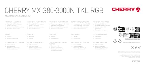 CHERRY G80-3000N RGB TKL, French layout, AZERTY keyboard, wired keyboard, mechanical gaming keyboard, MX SILENT RED SWITCHES, black