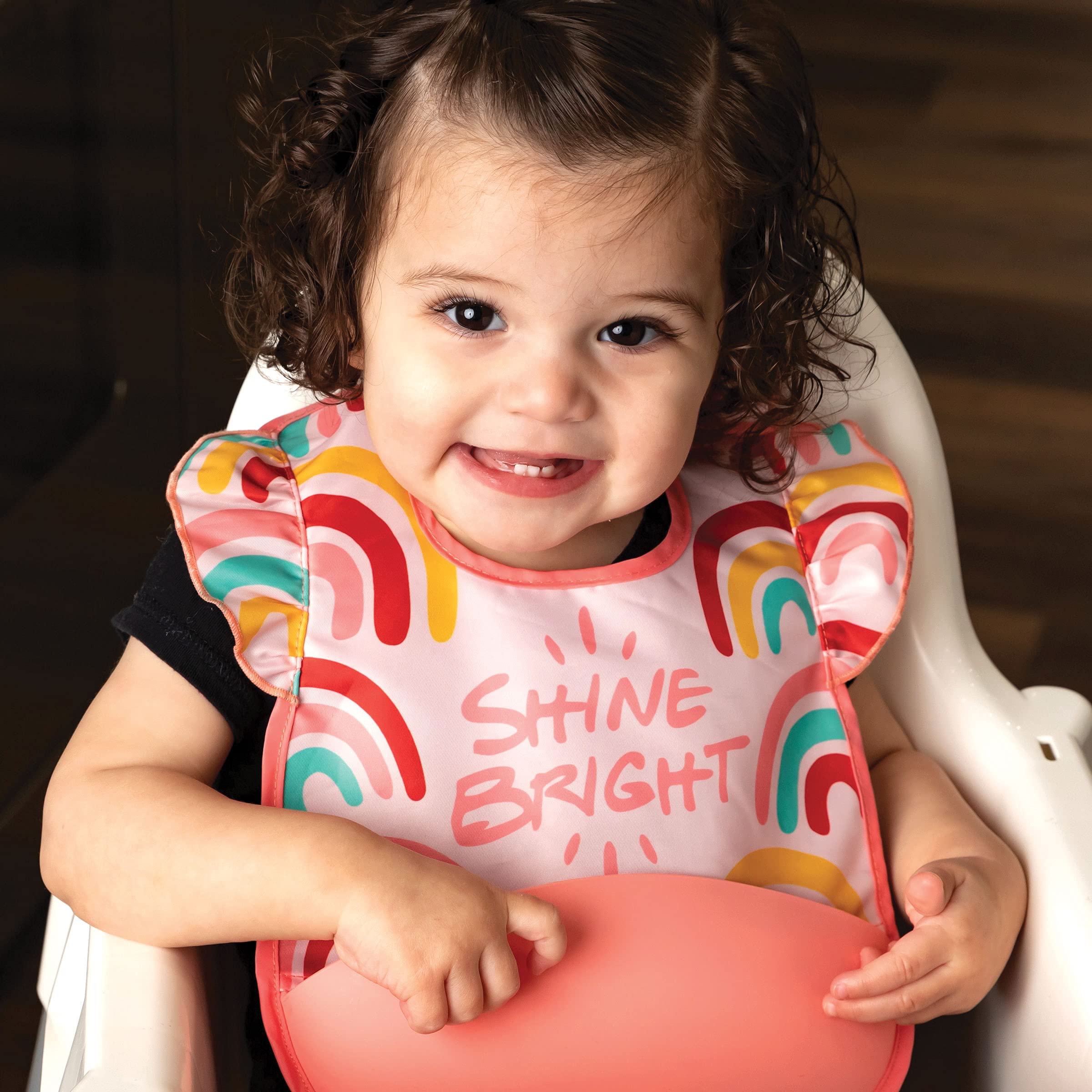 Tiny Twinkle Silicone Pocket Bibs - Waterproof Bibs Babies, Food Catching, Mess-Proof Bibs for 6-24 Months Old Baby Boy and Girl, Toddlers, 2-Pack (Shine, Happy)