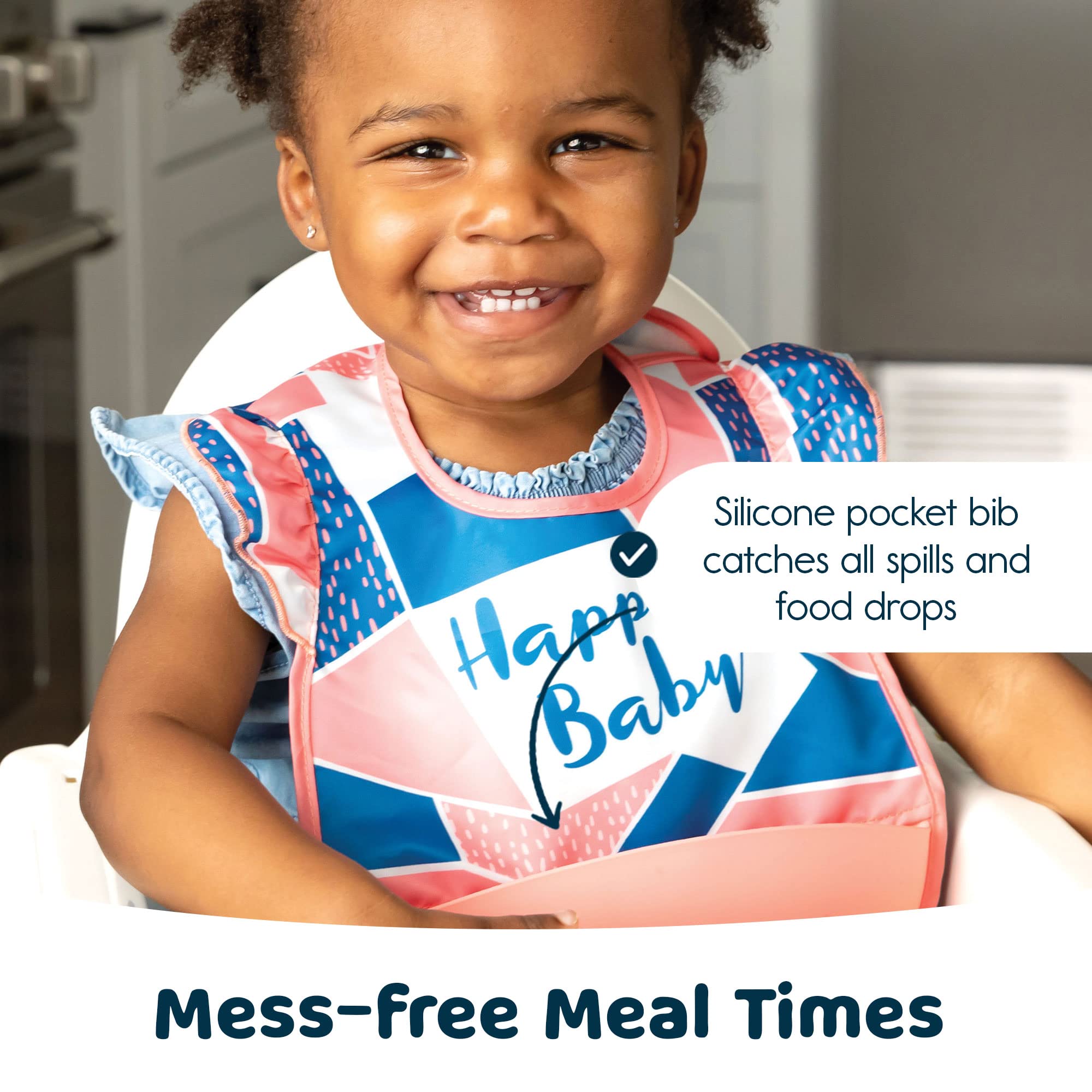 Tiny Twinkle Silicone Pocket Bibs - Waterproof Bibs Babies, Food Catching, Mess-Proof Bibs for 6-24 Months Old Baby Boy and Girl, Toddlers, 2-Pack (Shine, Happy)