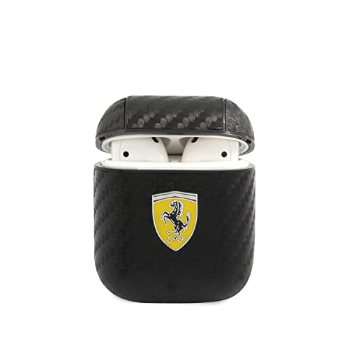 Ferrari AirPods Case Cover in Black On Track, Compatible with Apple AirPods 1 and AirPods 2, PU Carbon Protective Hard Case, Shockproof, Wireless Charging, and Signature Metal Logo
