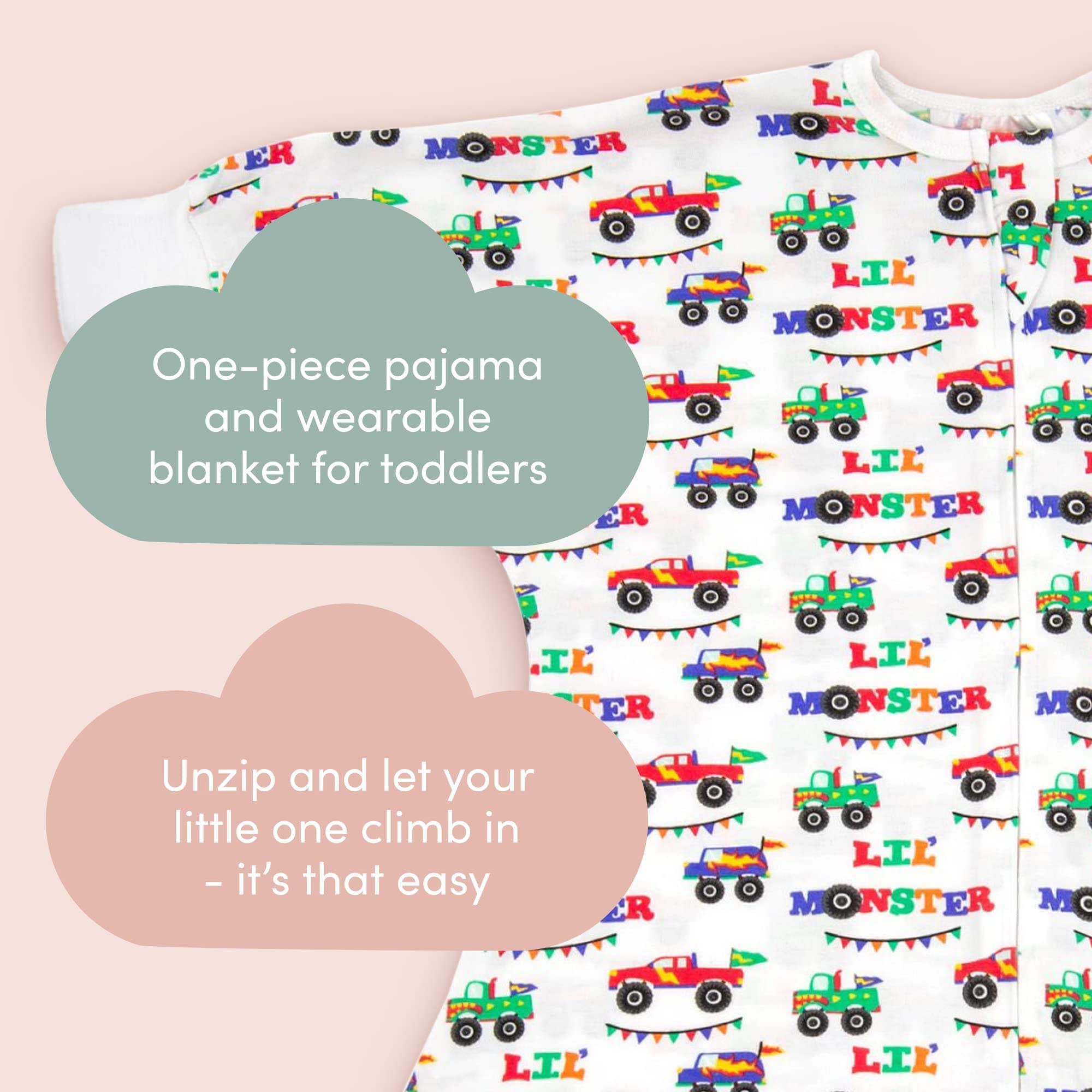 SleepingBaby - Flying Squirrel Wearable Blanket with No-Slip Cuffs for Toddlers - Comfortable Sleepwear - Monster Trucks - 2-3T