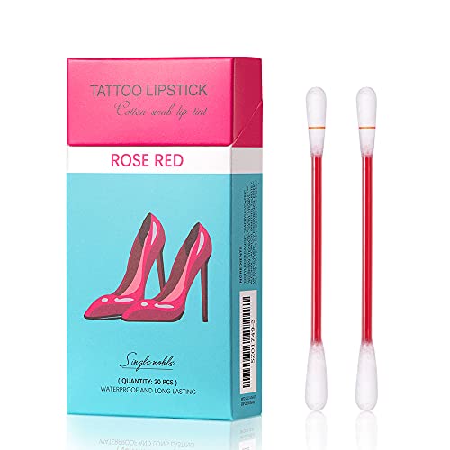 Sokgo 20Pcs Cotton Swab Tattoo Lipstick, Tattoo Lipstick Cotton Swab Lip Tint, Waterproof and Long Lasting Liquid Non-Stick Portable Lip Gloss