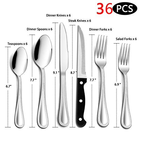 Homikit 36-Piece Silverware Set with Steak Knives and Utensil Tray Organizer, Stainless Steel Flatware Cutlery Eating Utensils for 6, Modern Tableware Sets with Pearled Edges, Dishwasher Safe
