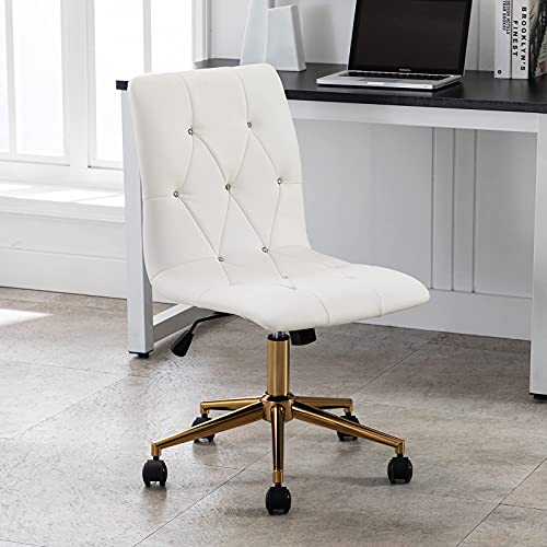 Duhome Modern Home Office Chair,Cute White Desk Chair with Gold Base, PU Leather Task Chair Computer Chair Rolling Chair with Wheels, Armless Vanity Chair for Teens