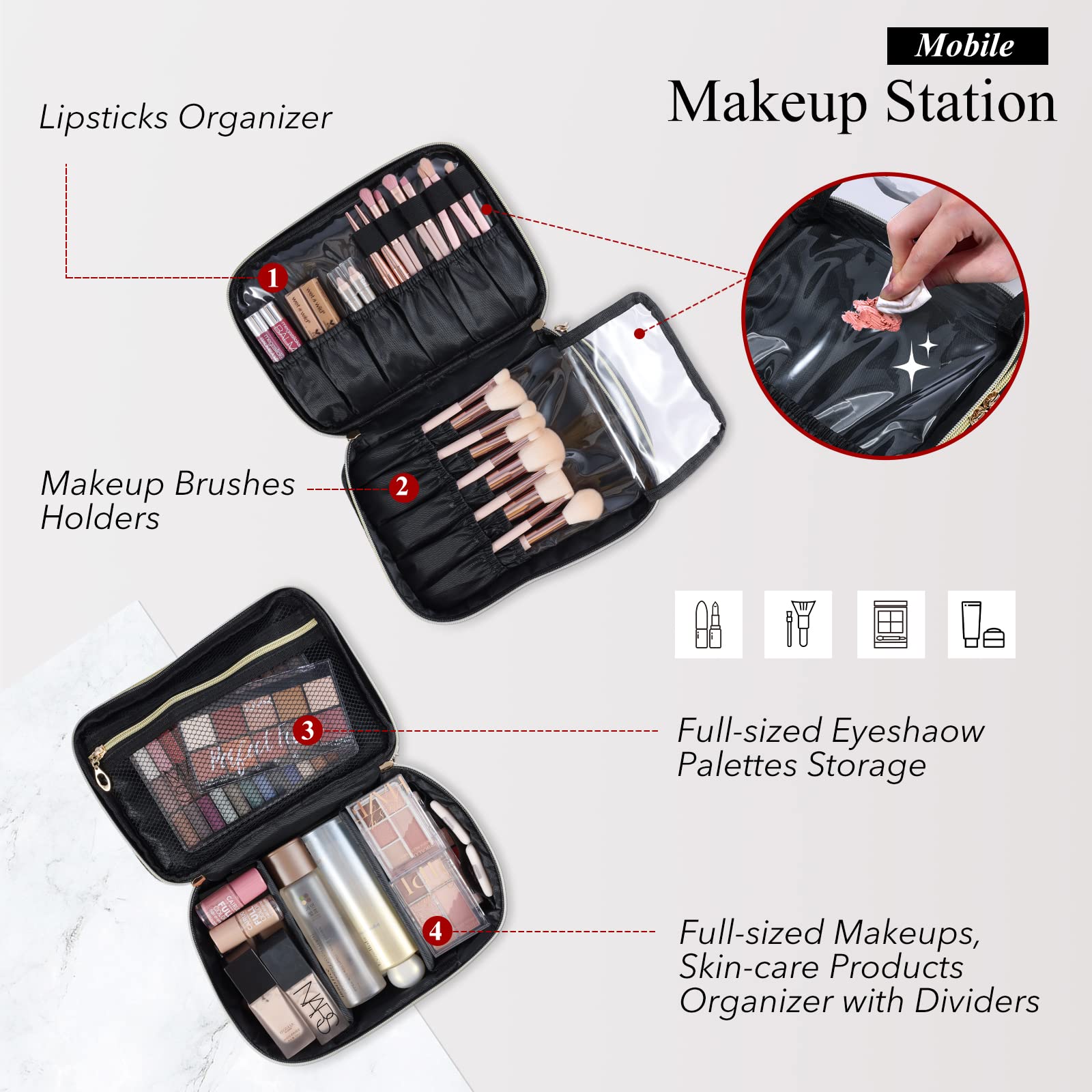 Stagiant Double Layer Makeup Bag, Large Cosmetic Bag, Travel Makeup Case with Dividers Makeup Organizer Bag Cosmetic Train Case for Cosmetics Toiletries, Black