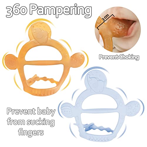 【Never Drop from Hand】 HEORSHE 2 Pack Baby Teething Toys for Babies 3-6 Months Teethers for Infant Toddlers Silicone Molars Adjustable Chew Toys for Babies 3 4 5 6 7 8 9 10 11 12 Months (Brown + Blue)
