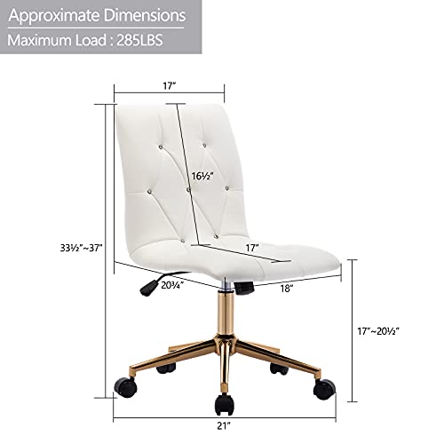 Duhome Modern Home Office Chair,Cute White Desk Chair with Gold Base, PU Leather Task Chair Computer Chair Rolling Chair with Wheels, Armless Vanity Chair for Teens