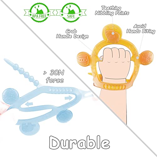 【Never Drop from Hand】 HEORSHE 2 Pack Baby Teething Toys for Babies 3-6 Months Teethers for Infant Toddlers Silicone Molars Adjustable Chew Toys for Babies 3 4 5 6 7 8 9 10 11 12 Months (Brown + Blue)