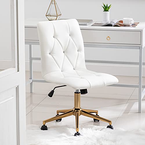 Duhome Modern Home Office Chair,Cute White Desk Chair with Gold Base, PU Leather Task Chair Computer Chair Rolling Chair with Wheels, Armless Vanity Chair for Teens