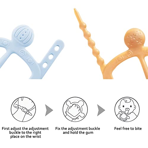 【Never Drop from Hand】 HEORSHE 2 Pack Baby Teething Toys for Babies 3-6 Months Teethers for Infant Toddlers Silicone Molars Adjustable Chew Toys for Babies 3 4 5 6 7 8 9 10 11 12 Months (Brown + Blue)