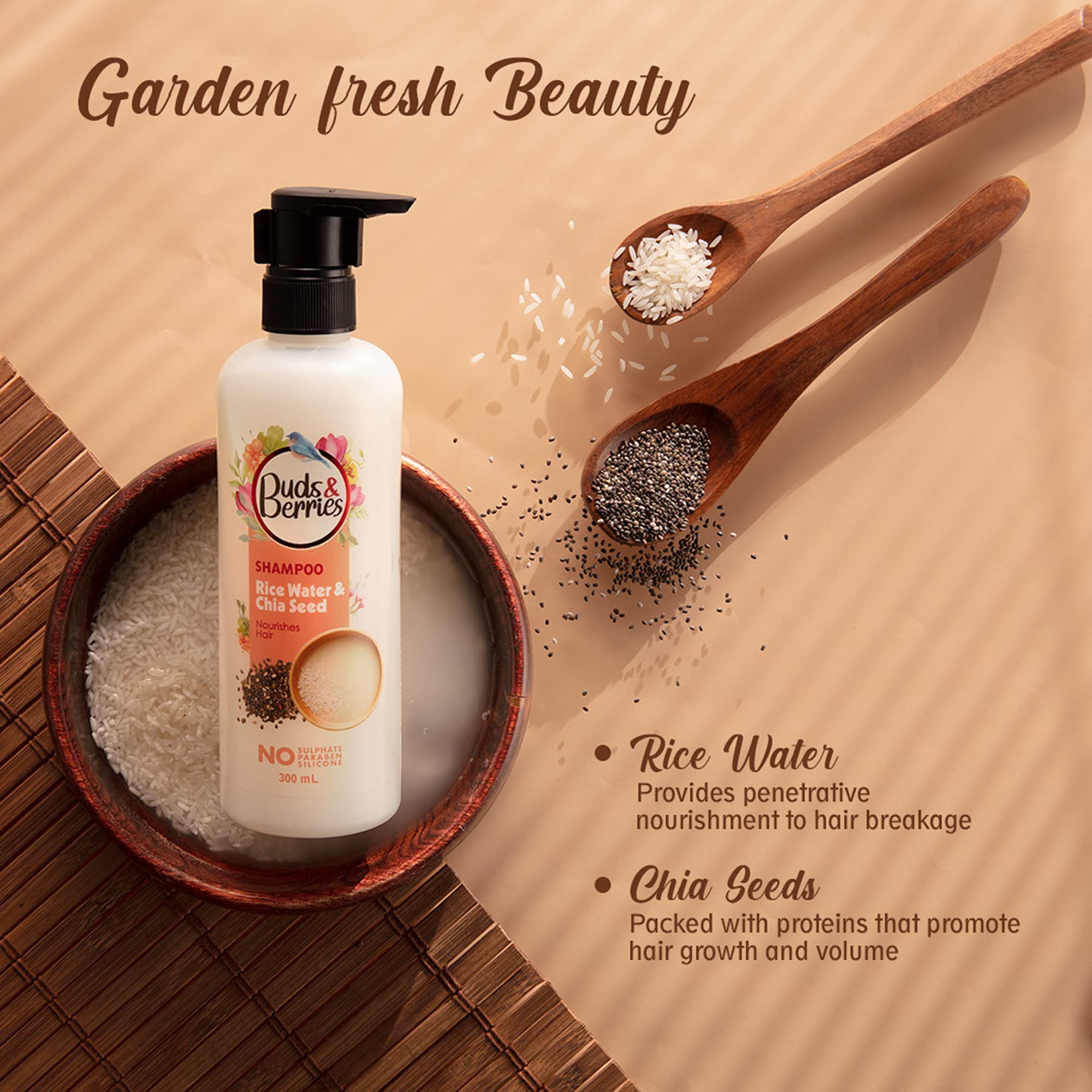Buds & Berries Rice water & Chia Seeds Nourishment Shampoo for Strong & Healthy Hair, NO Sulphate, NO Paraben, 300 ml