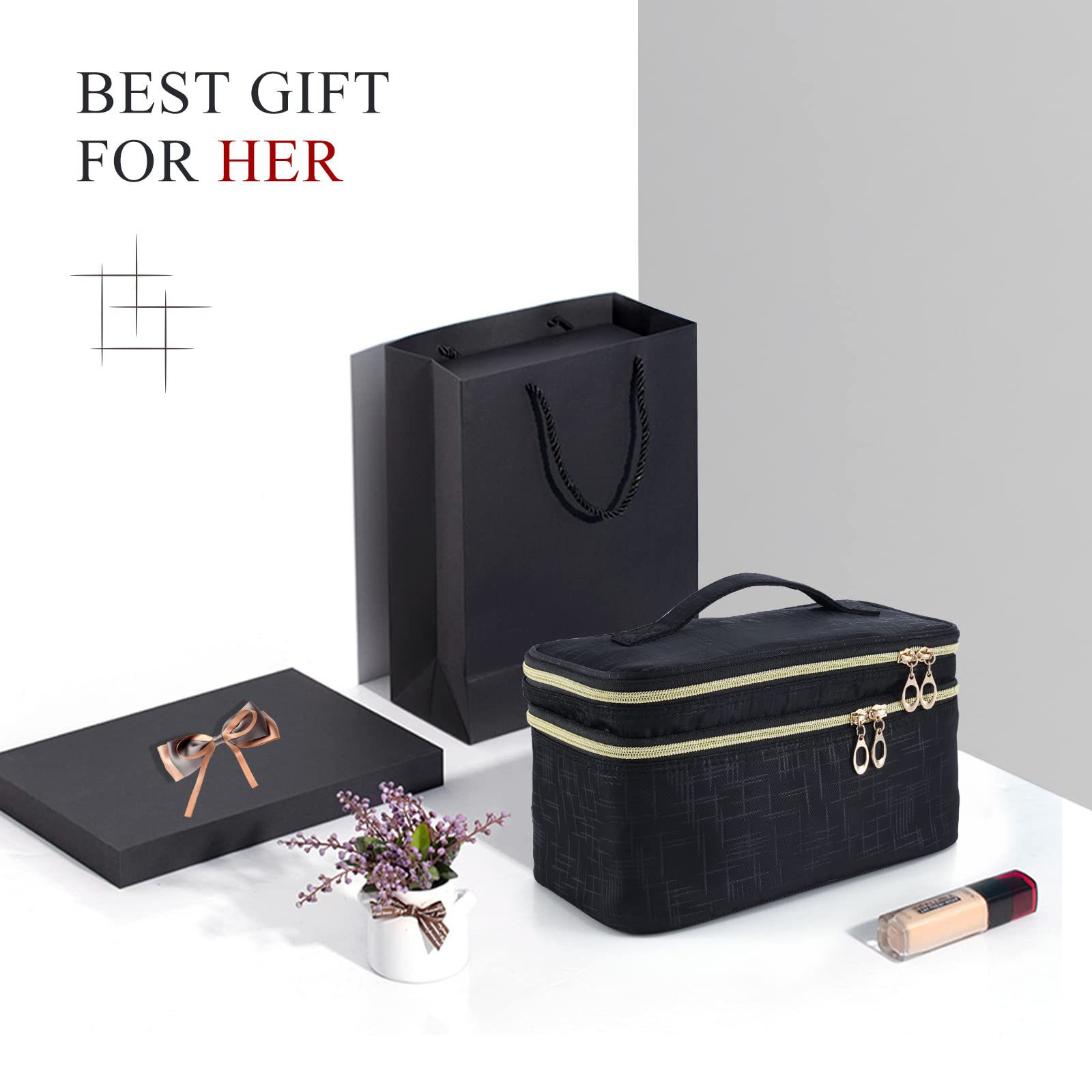 Stagiant Double Layer Makeup Bag, Large Cosmetic Bag, Travel Makeup Case with Dividers Makeup Organizer Bag Cosmetic Train Case for Cosmetics Toiletries, Black