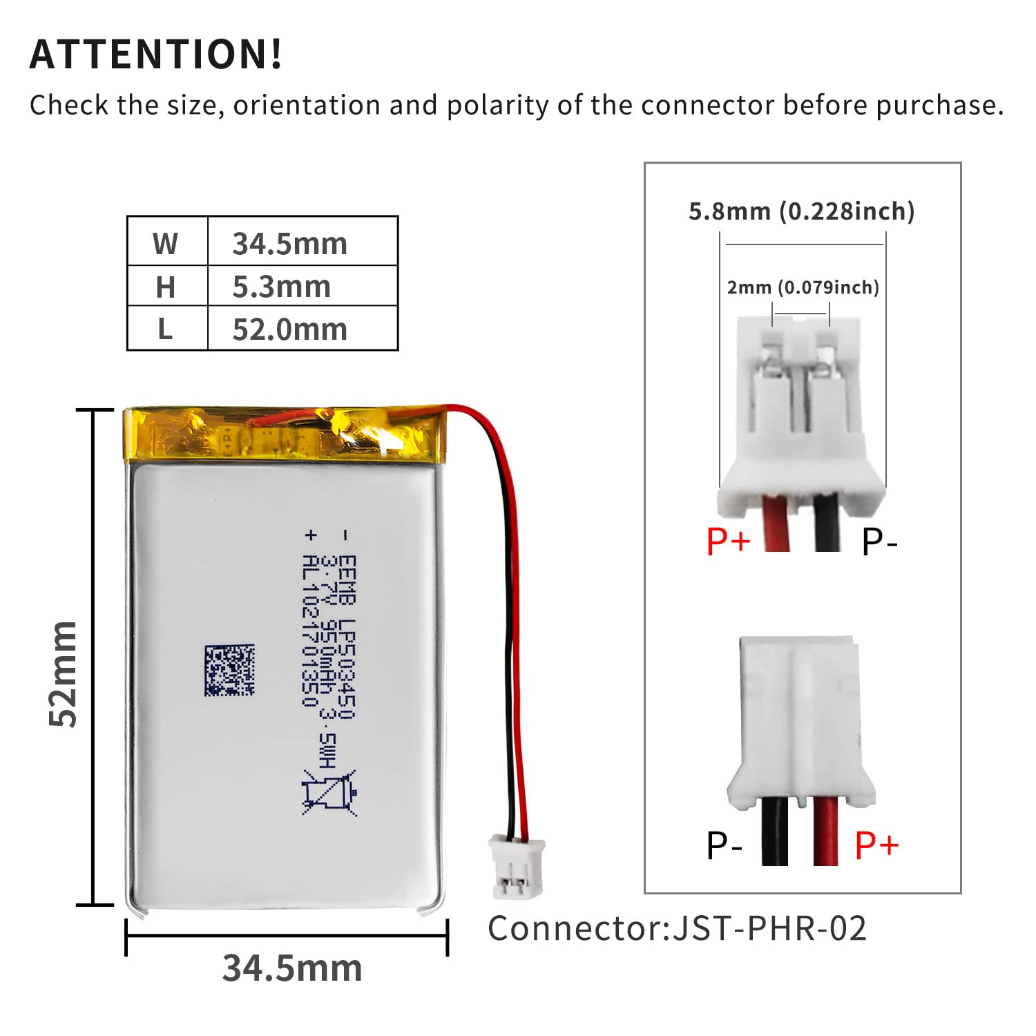 EEMB 3.7V Lipo Battery 950mAh 503450 Lithium Polymer ion Battery Rechargeable Lithium ion Polymer Battery with JST Connector Make Sure Device Polarity Matches with Battery Before Purchase