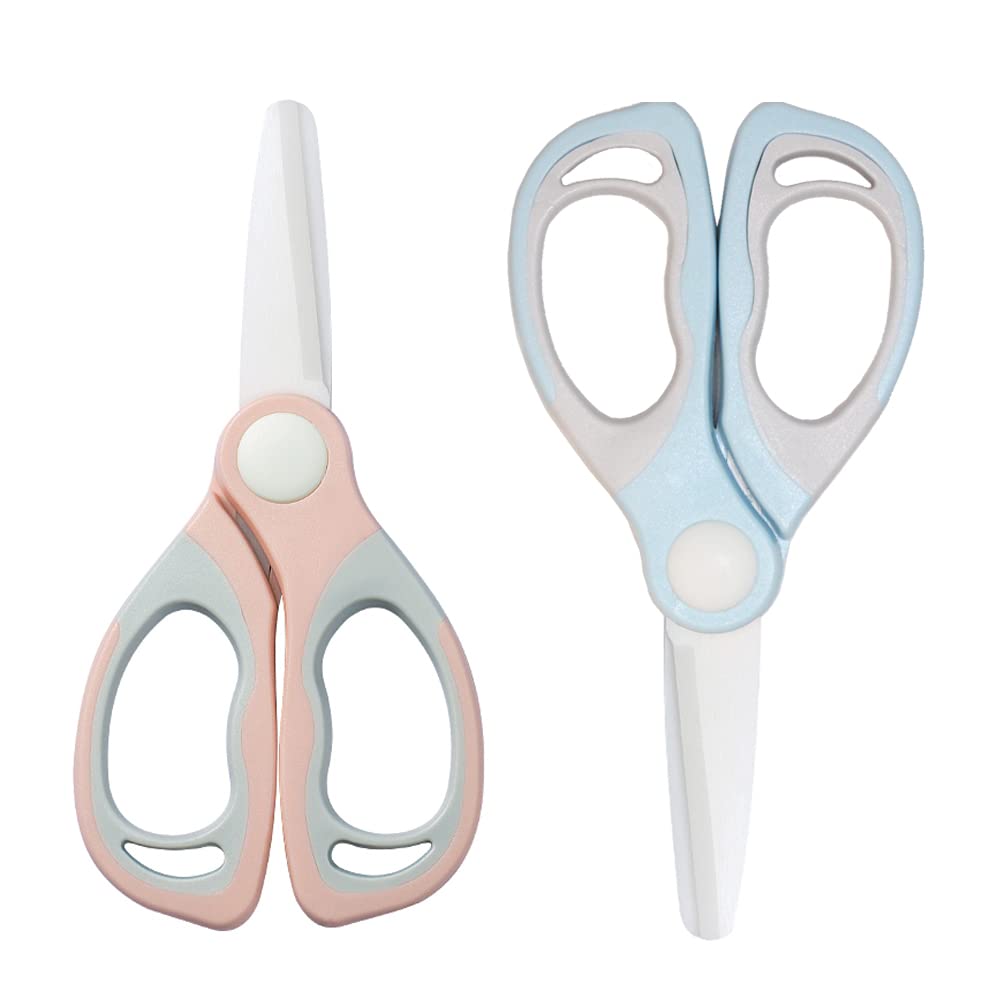 DAMPEN Ceramic Scissors,Soft-grip Handles,Safety Healthy ,Kitchen Scissors,Baby Food Ceramic Scissors with Travel Cover for Kids Food 2 PACK(PINK AND GREEN) (DPS-1)