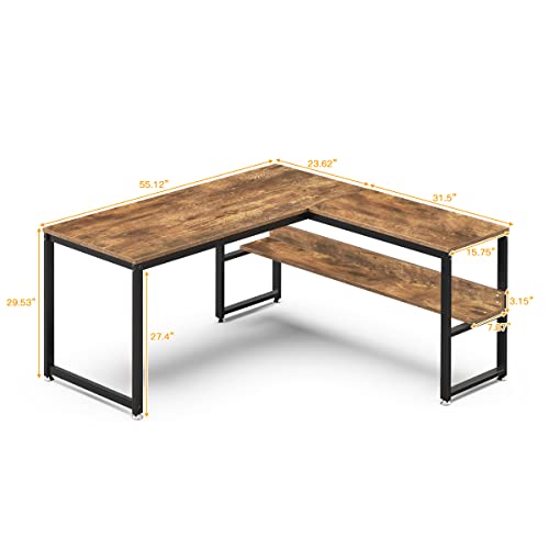 WiberWi L Shaped Desk, Office Computer Corner Desk, 55 inch Home Gaming Desk Table, Writing Study Workstation with Storage Shelves for Home Office, Space-Saving, Industrial, Rustic Brown