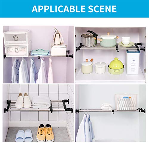 Hershii Expandable Closet Tension Shelf Rod Adjustable Metal Storage Rack Cabinet Organizer DIY Divider Separator Shelves for Wardrobe Cupboard Kitchen Bathroom, Black, 15.75-23.62inches