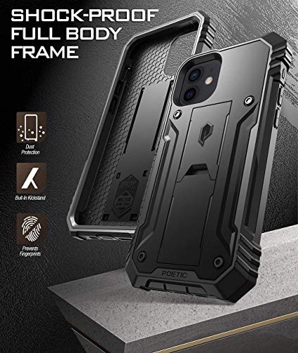 Poetic Revolution for iPhone 12 / iPhone 12 Pro Case 6.1 inch (2020 Release), Full-Body Rugged Dual-Layer Shockproof Protective Cover with Kickstand and Built-in-Screen Protector, Black