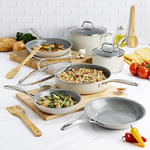 Goodful Ceramic Nonstick Cooking Set, Titanium-Reinforced Premium Non-Stick Coating, Dishwasher Safe Pots and Pans, Tempered Glass Steam Vented Lids, Stainless Steel Handles, 12-Piece, Cream