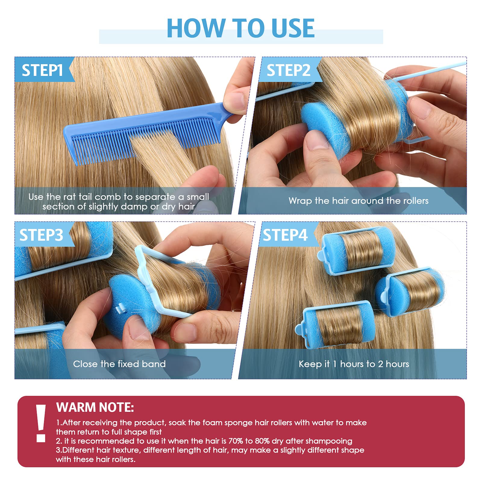 Syhood 12 Pcs Jumbo Foam Sponge Hair Rollers 1.89 Inch Soft Sleeping Curlers Flexible Large Foam Rollers and Rat Tail Comb for Hair Styling(Blue)