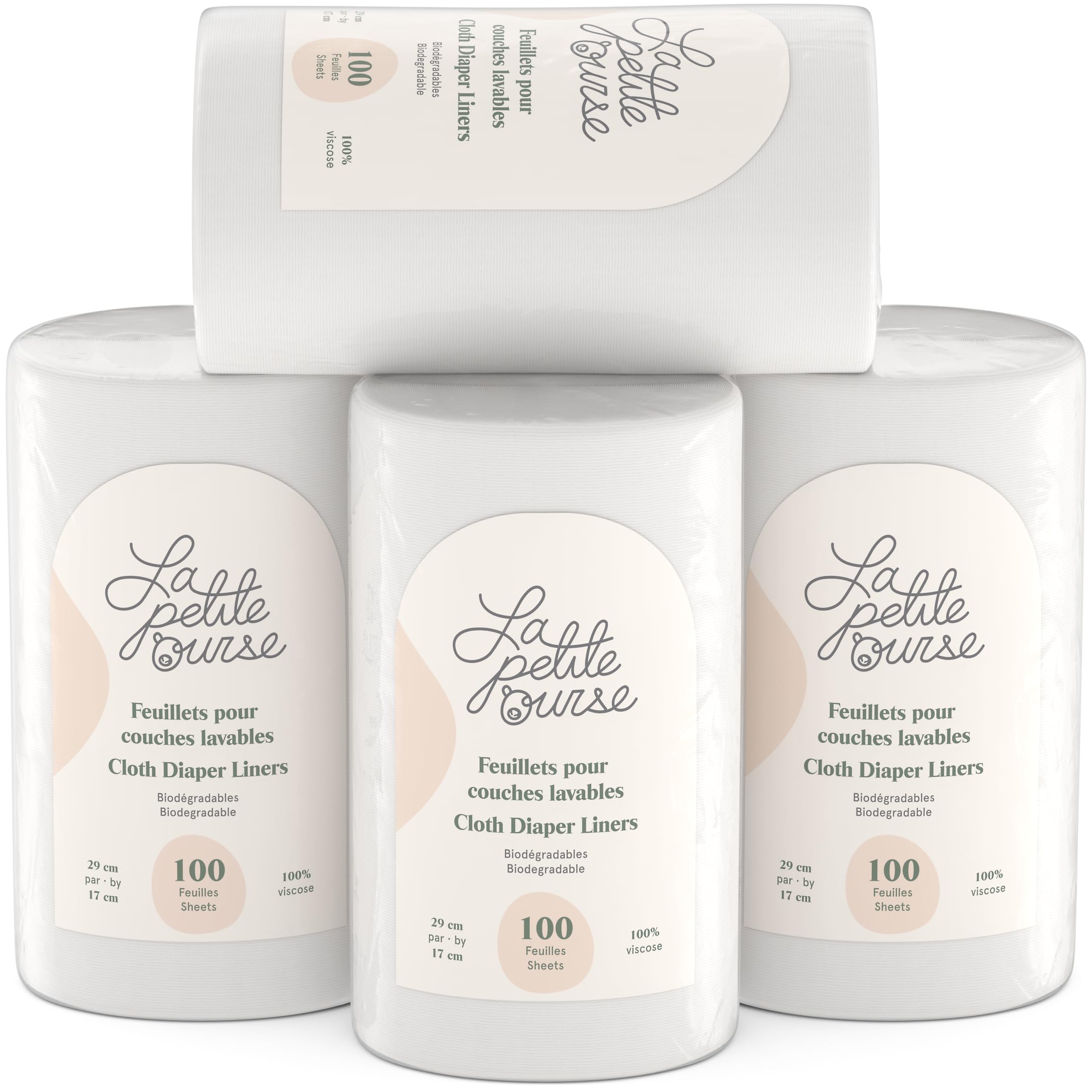 LA PETITE OURSE Cloth Diaper Liners, Cloth Diaper Liner Rolls, Fragrance Free Cloth Diaper Liners, Unscented, SGS Certified, 11.5 X 6.75 inches - 100 Sheets/Roll - Pack of 4