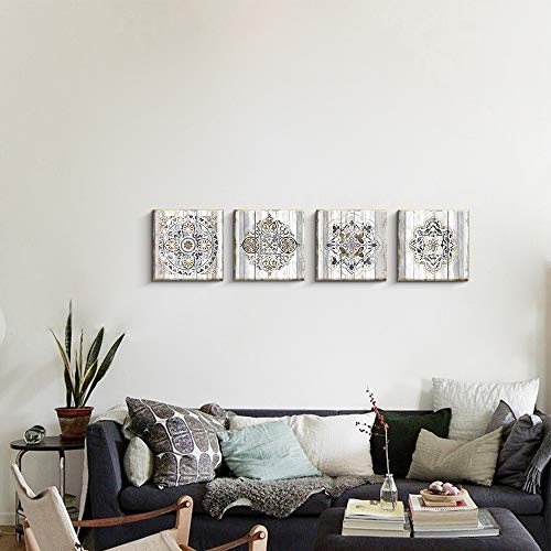 Kas Home Mandala Pattern Room Decor Boho Canvas Wall Art Prints Framed Pictures 4 Pieces Artwork for Living Room Bedroom Bathroom Kitchen Office Home Decoration (14 x 14 x 4, Black)