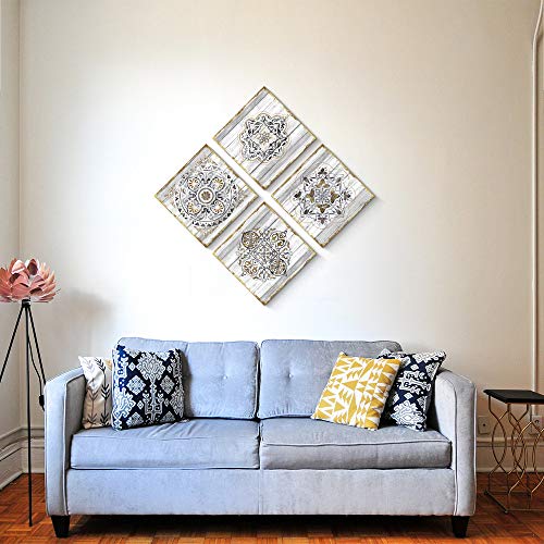Kas Home Mandala Pattern Room Decor Boho Canvas Wall Art Prints Framed Pictures 4 Pieces Artwork for Living Room Bedroom Bathroom Kitchen Office Home Decoration (14 x 14 x 4, Black)