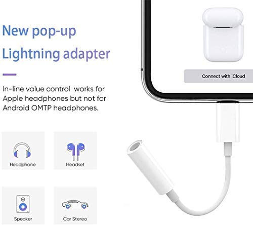 [Apple MFI Certified] 3 Pack for iPhone Headphone Adapter, iPhone 3.5mm Headphone Aux Audio Dongle Splitter Jack Adaptor for iPhone 12/11/11 Pro/XR/XS/X 8 7/iPad/iPod, Support All iOS System(White)