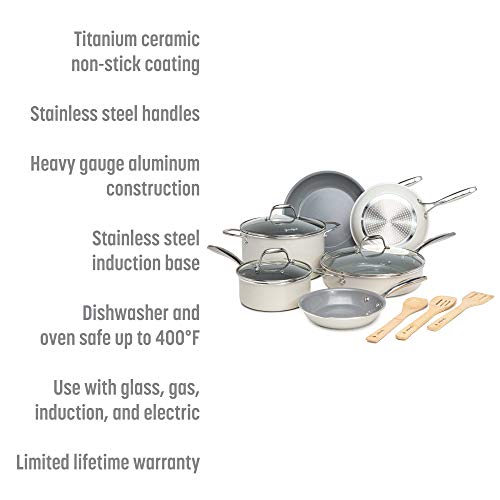 Goodful Ceramic Nonstick Cooking Set, Titanium-Reinforced Premium Non-Stick Coating, Dishwasher Safe Pots and Pans, Tempered Glass Steam Vented Lids, Stainless Steel Handles, 12-Piece, Cream