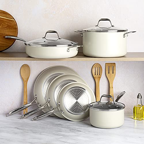 Goodful Ceramic Nonstick Cooking Set, Titanium-Reinforced Premium Non-Stick Coating, Dishwasher Safe Pots and Pans, Tempered Glass Steam Vented Lids, Stainless Steel Handles, 12-Piece, Cream