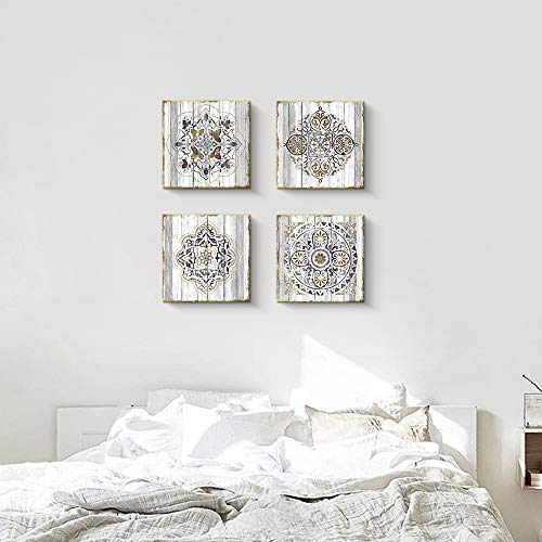 Kas Home Mandala Pattern Room Decor Boho Canvas Wall Art Prints Framed Pictures 4 Pieces Artwork for Living Room Bedroom Bathroom Kitchen Office Home Decoration (14 x 14 x 4, Black)